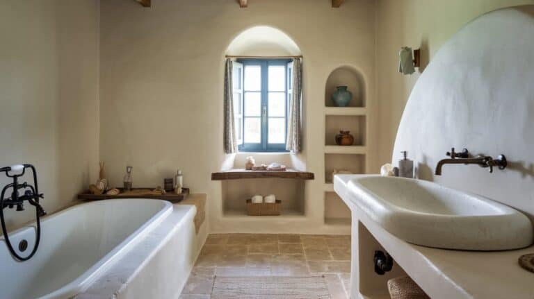 Seaside Mediterranean Bathroom Ideas Using Warm Neutrals - seekpretty